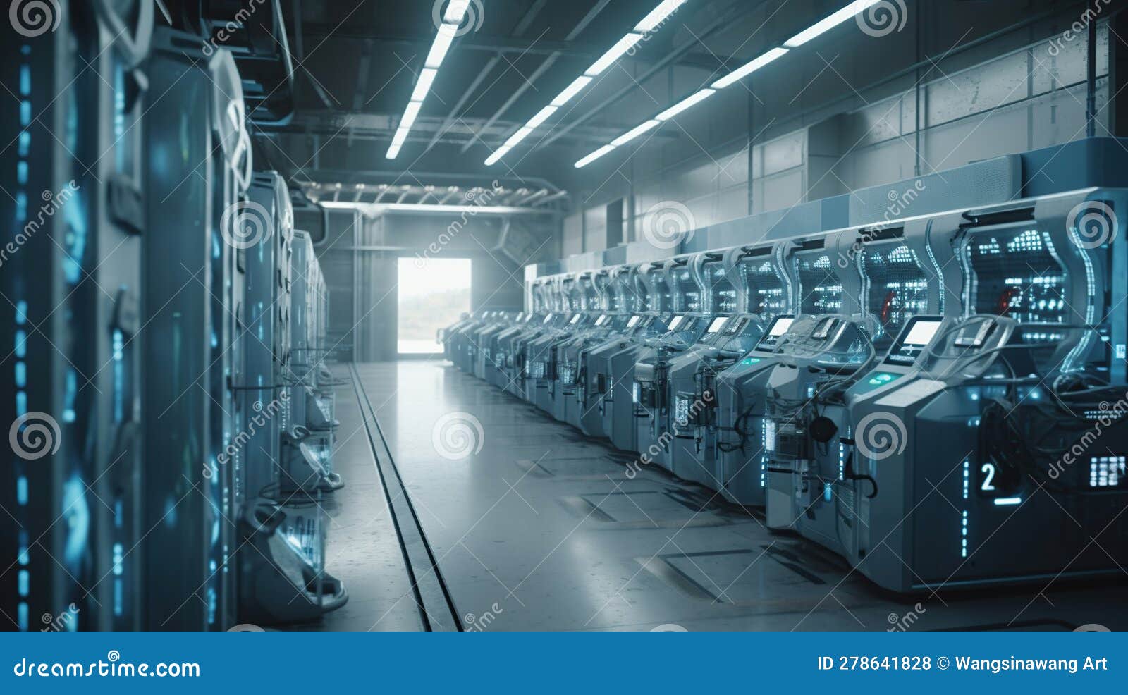 Factory with Rows of Machines, All Operated by Autonomous Robots, AI ...