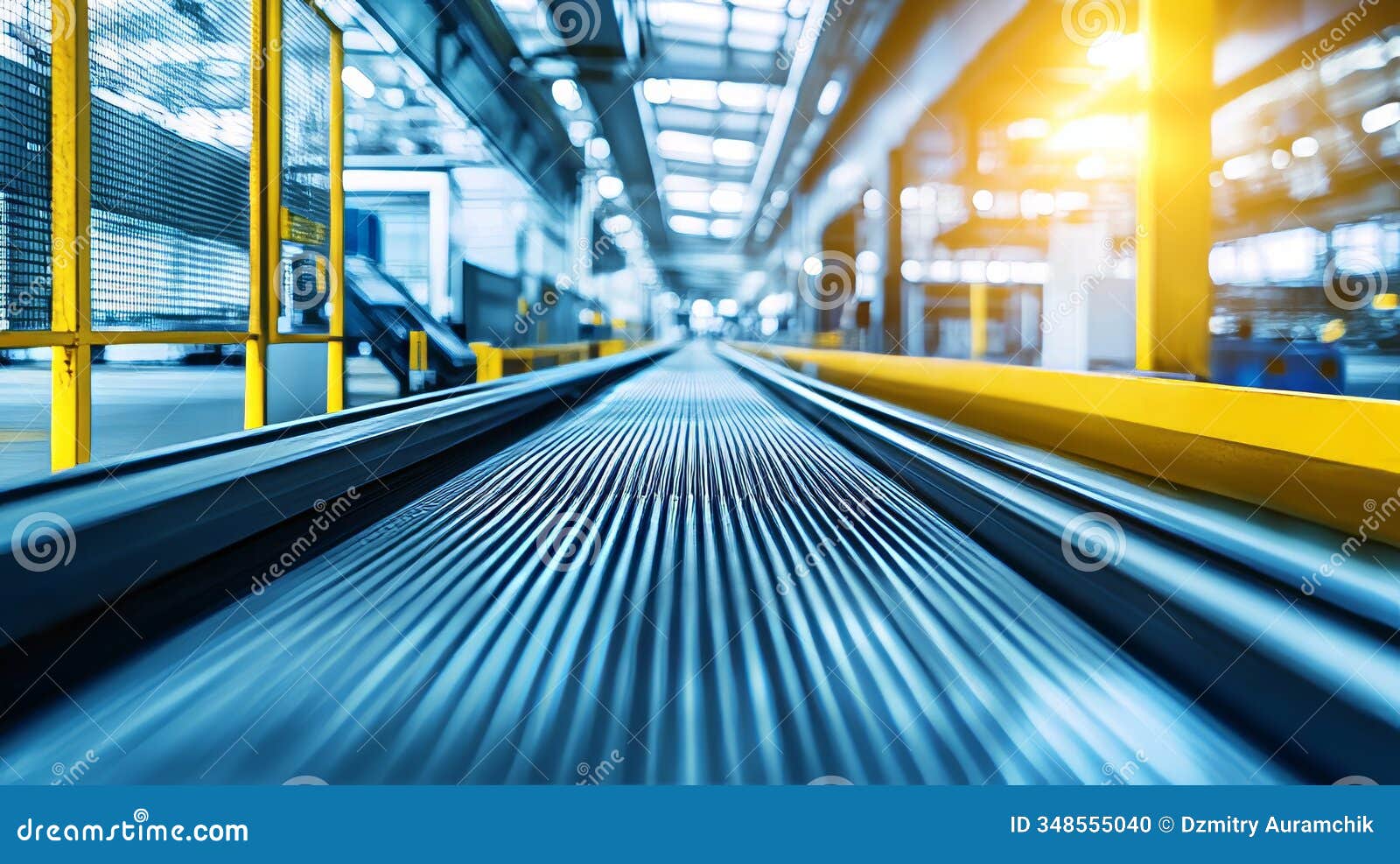 A Factory S Conveyor Belt Under Ceiling Lights. Stock Photo - Image of ...