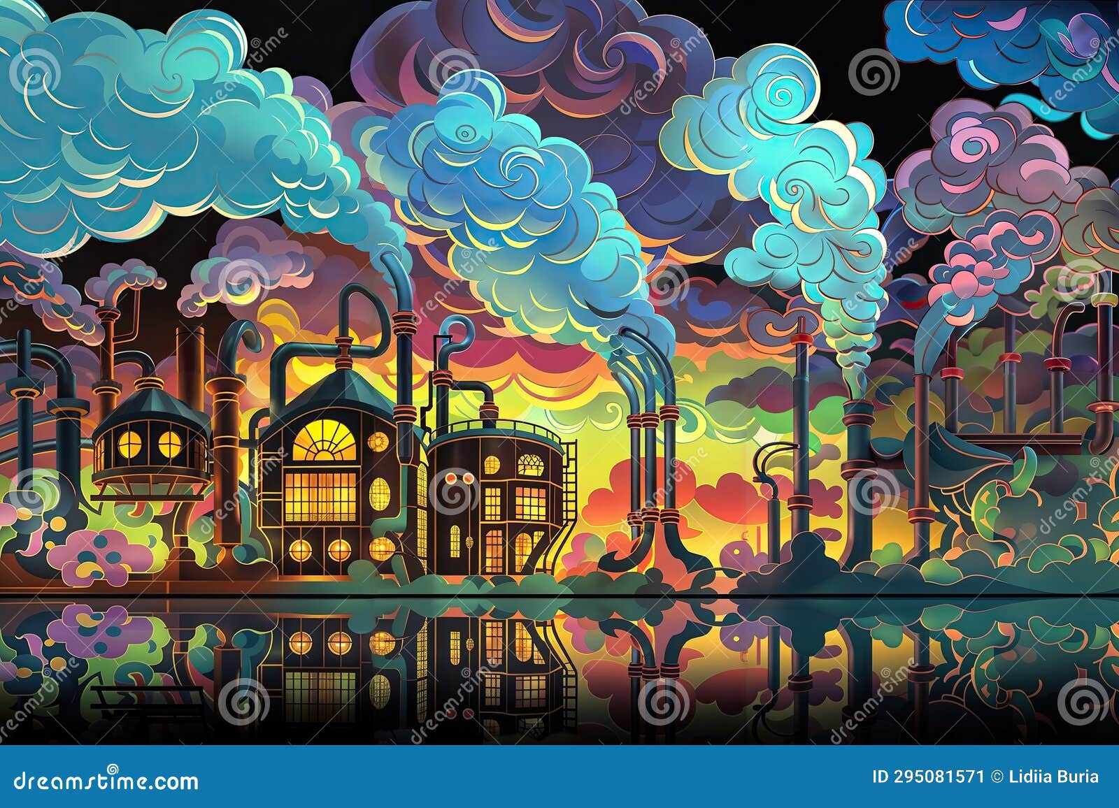 Factory on the River with Clouds of Smoke. Vector Illustration for Your ...