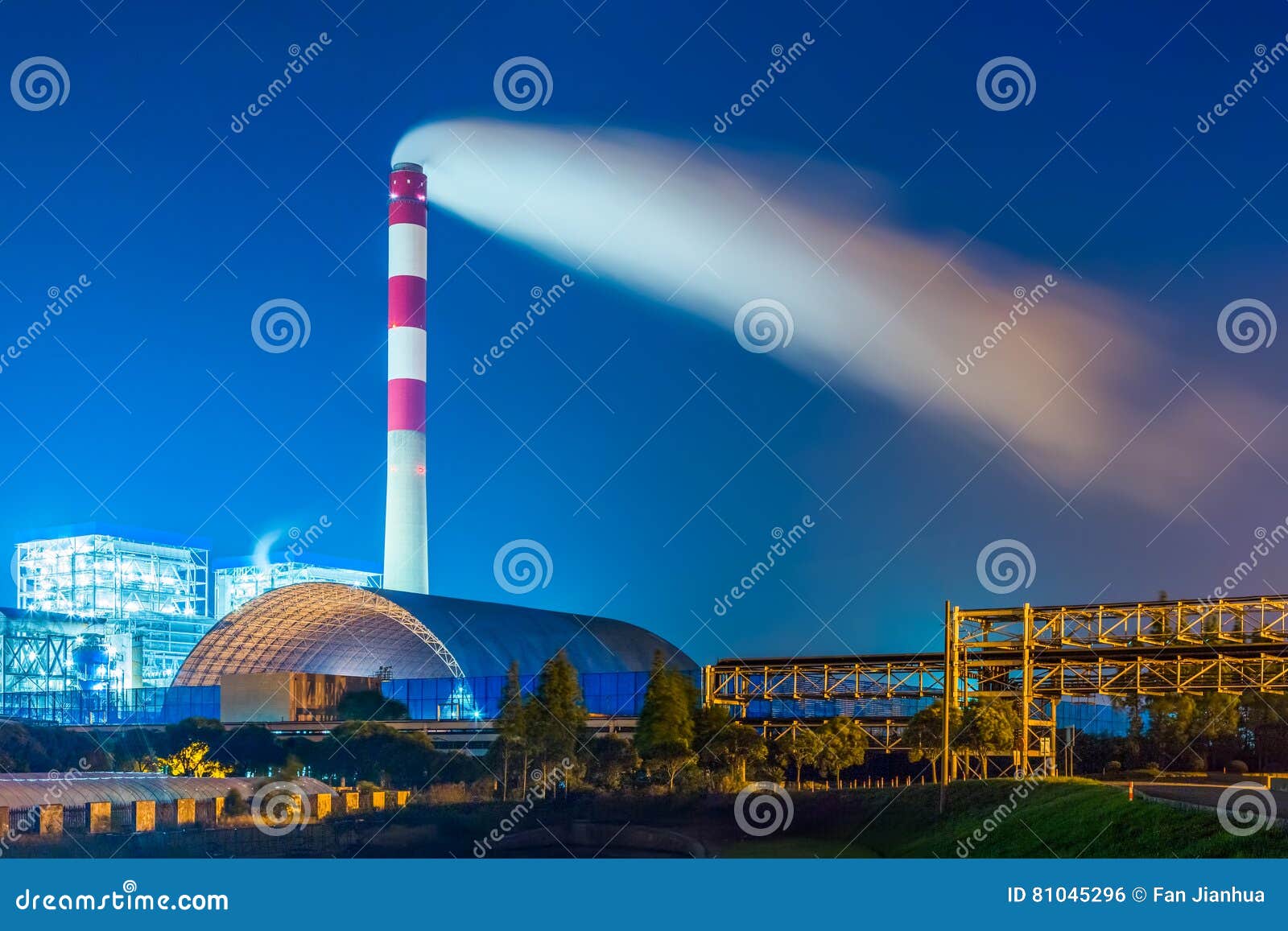 Factory with Smoke Stack Against Sky at Night Stock Photo - Image of ...