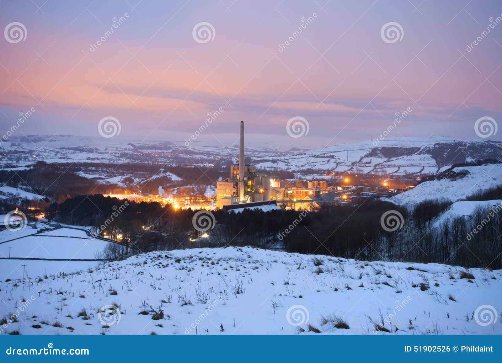 Factory in the Snow Covered Landscape at Dusk Stock Photo - Image of ...