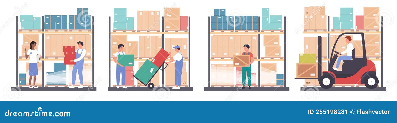 Factory Warehouse Set, Workers Carry Boxes, Control of Working Process ...