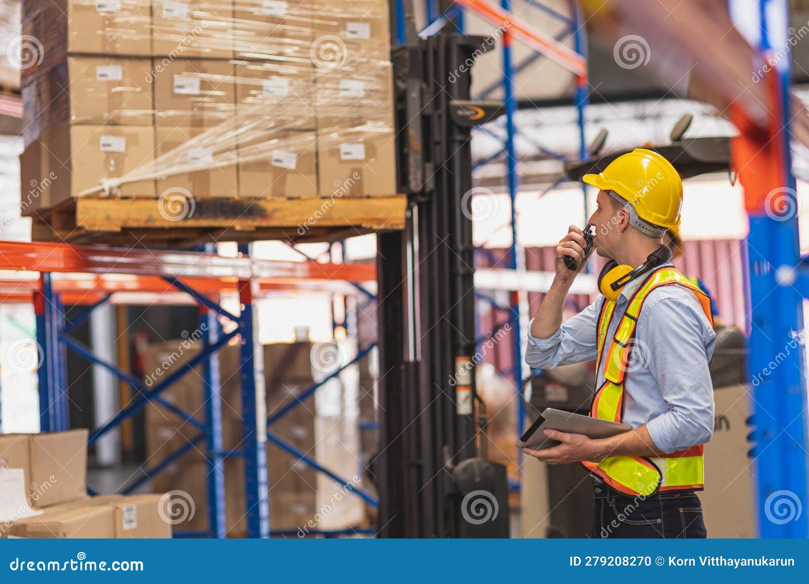 Factory Warehouse Worker Working Operate Loading Cargo in Shipping Area ...