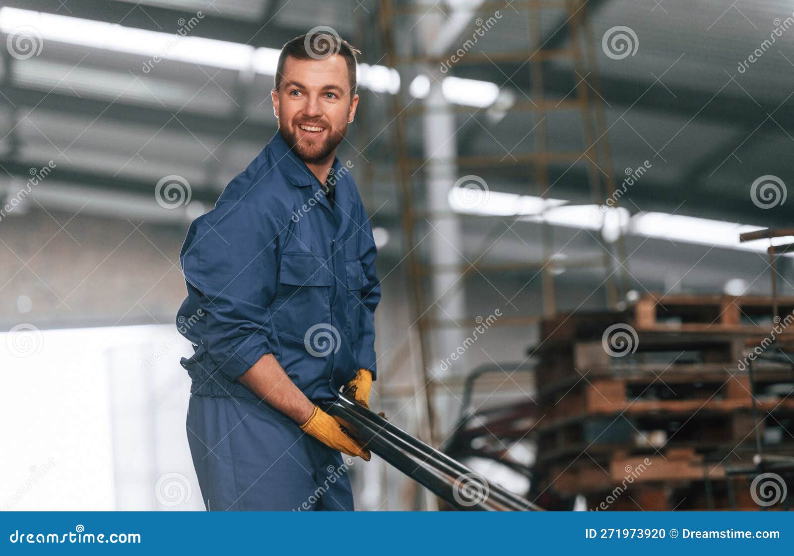 Factory Worker in Blue Uniform is Indoors Stock Photo - Image of human ...