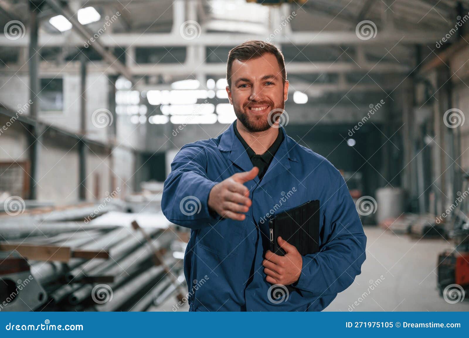 Factory Worker in Blue Uniform is Indoors Stock Image - Image of ...