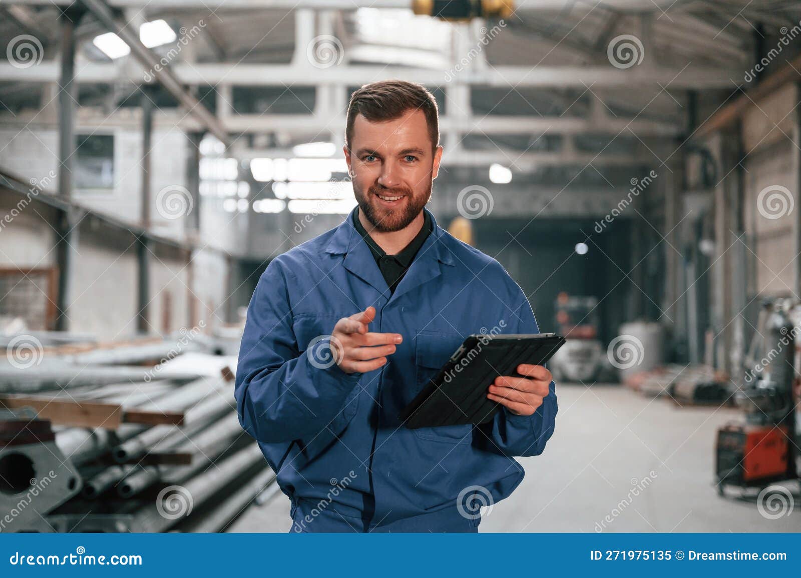 Factory Worker in Blue Uniform is Indoors Stock Image - Image of white ...