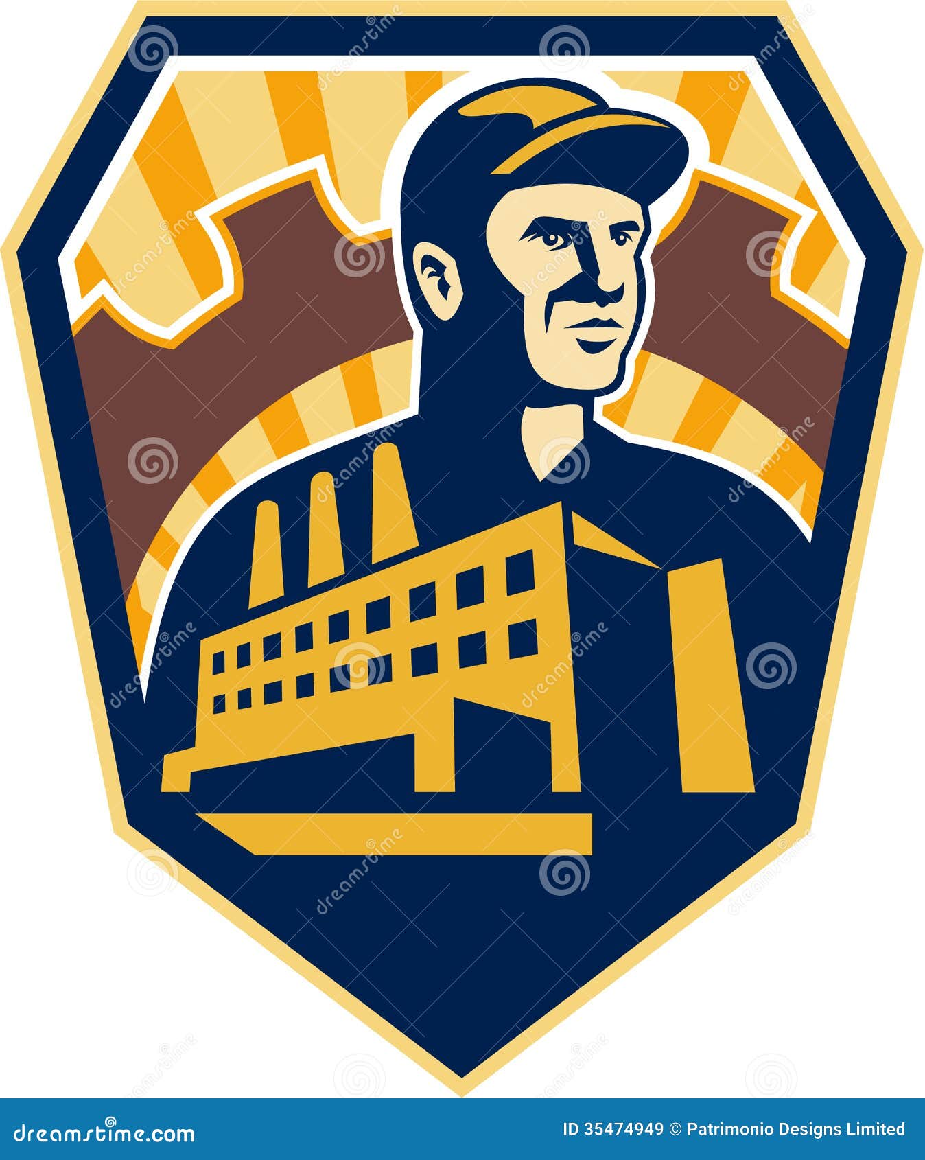 Factory Worker Building Cog Shield Retro Cartoon Vector | CartoonDealer ...