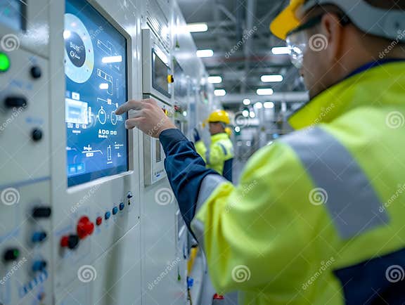 Factory Worker Controlling Machinery with Touchscreen Interface Stock ...