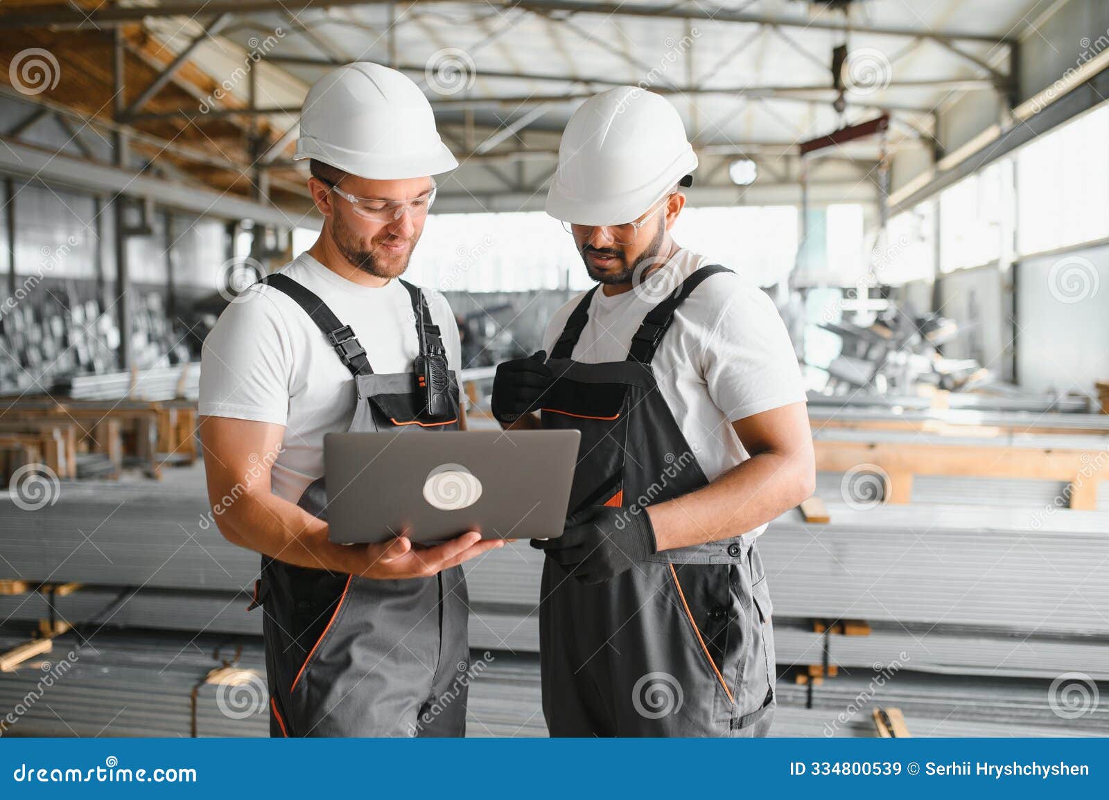 Factory Worker Man and Engineer Manager Working Together a Metal Sheet ...