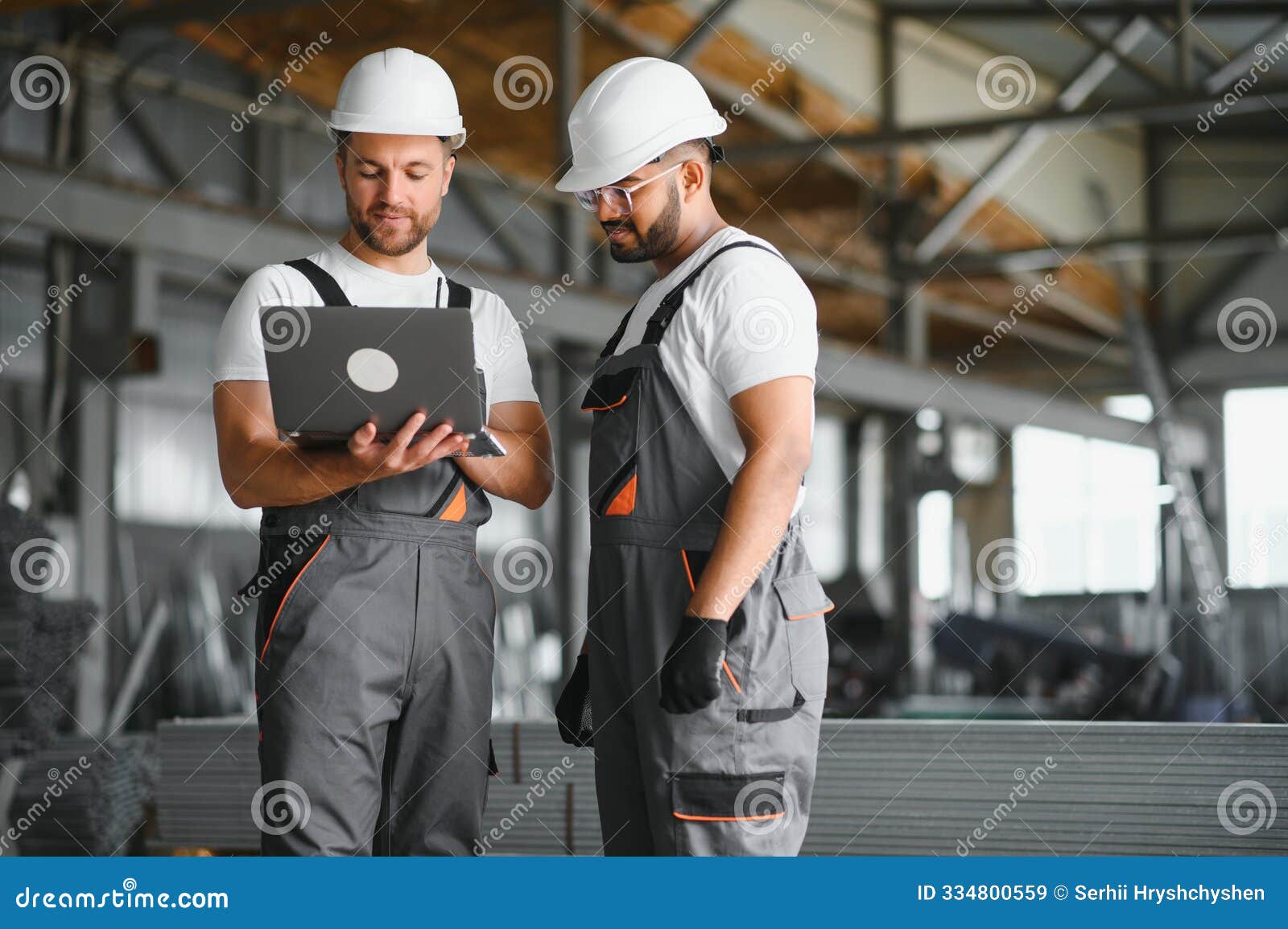 Factory Worker Man and Engineer Manager Working Together a Metal Sheet ...