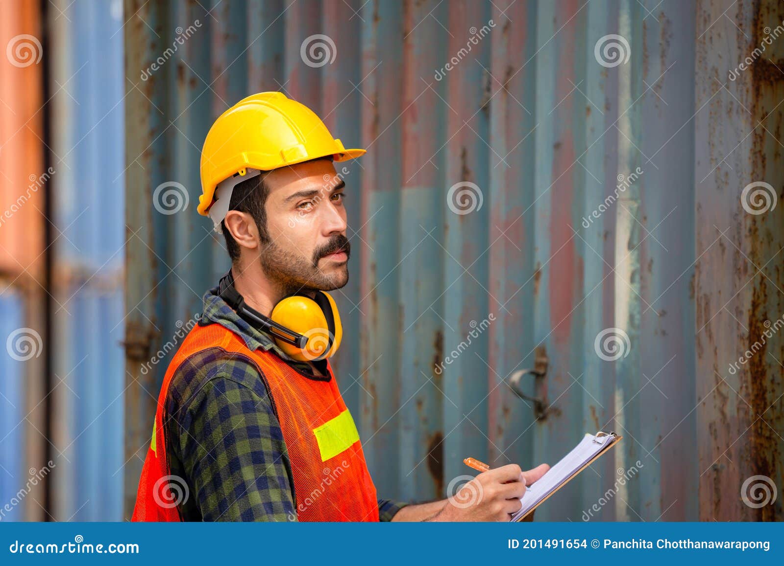 Factory Worker Man in Hard Hat Holding Clipboard Checklist and Checking ...