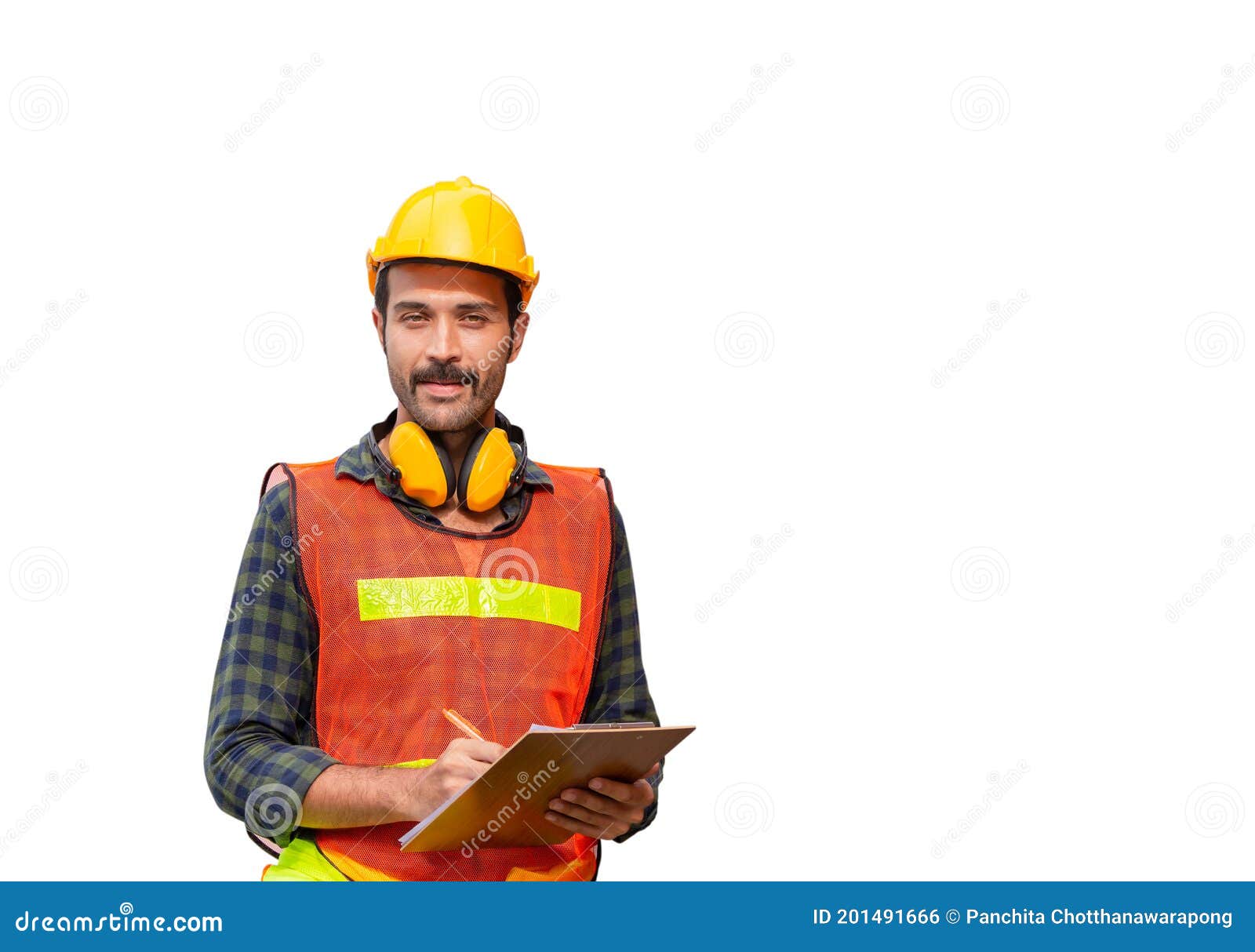 Factory Worker Man In Hard Hat Holding Clipboard Checklist With ...