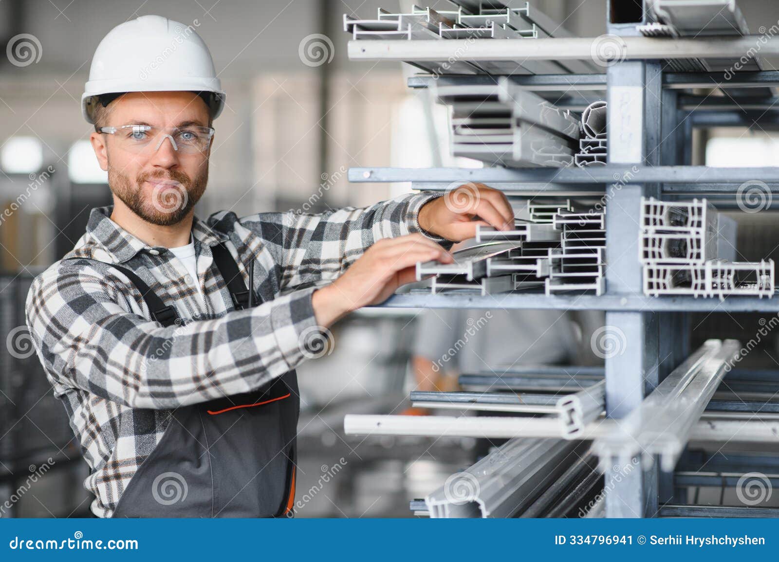 Factory Worker. Man with Helmet Working with Pvc Stock Image - Image of ...
