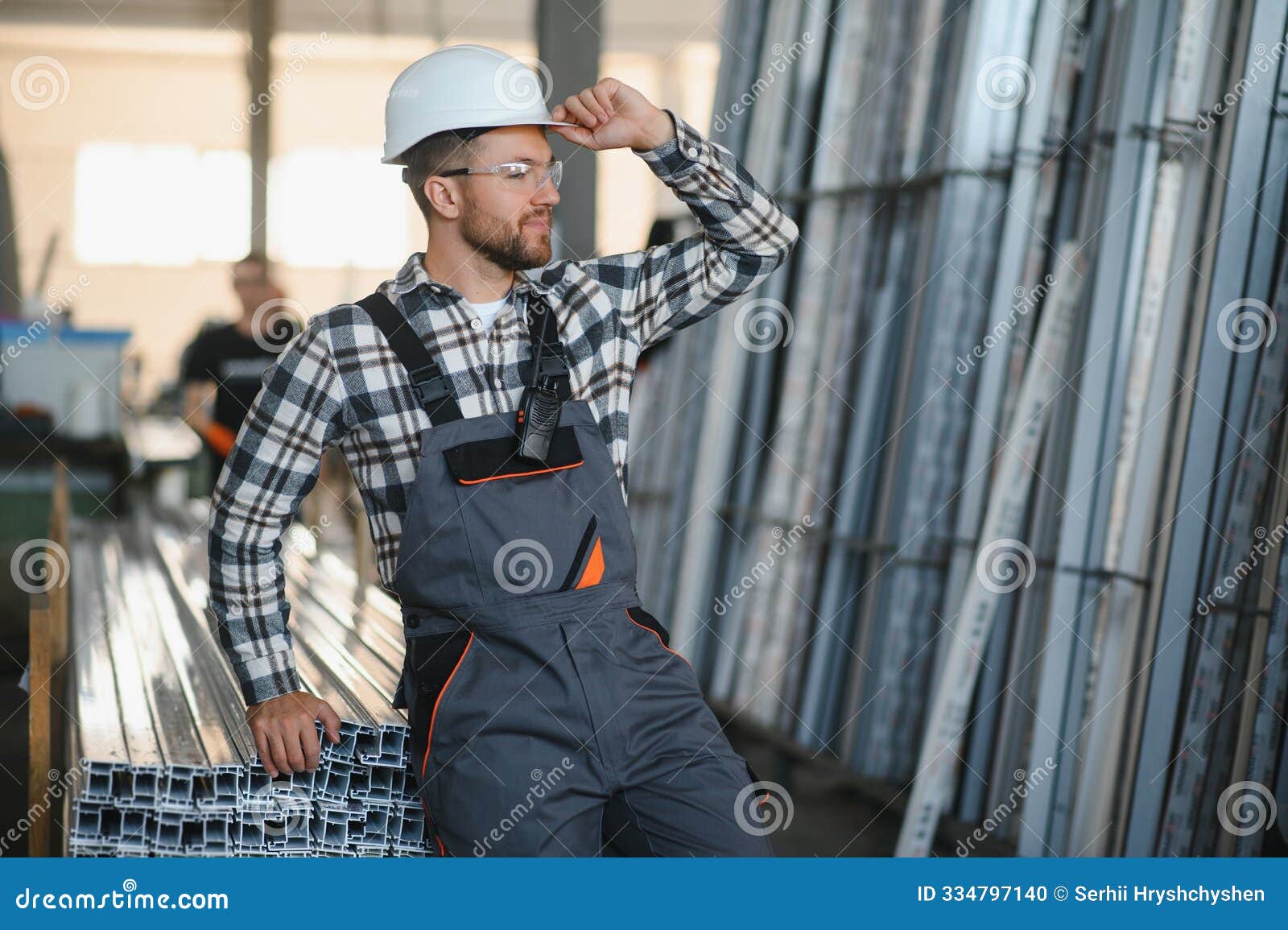 Factory Worker. Man with Helmet Working with Pvc Stock Photo - Image of ...