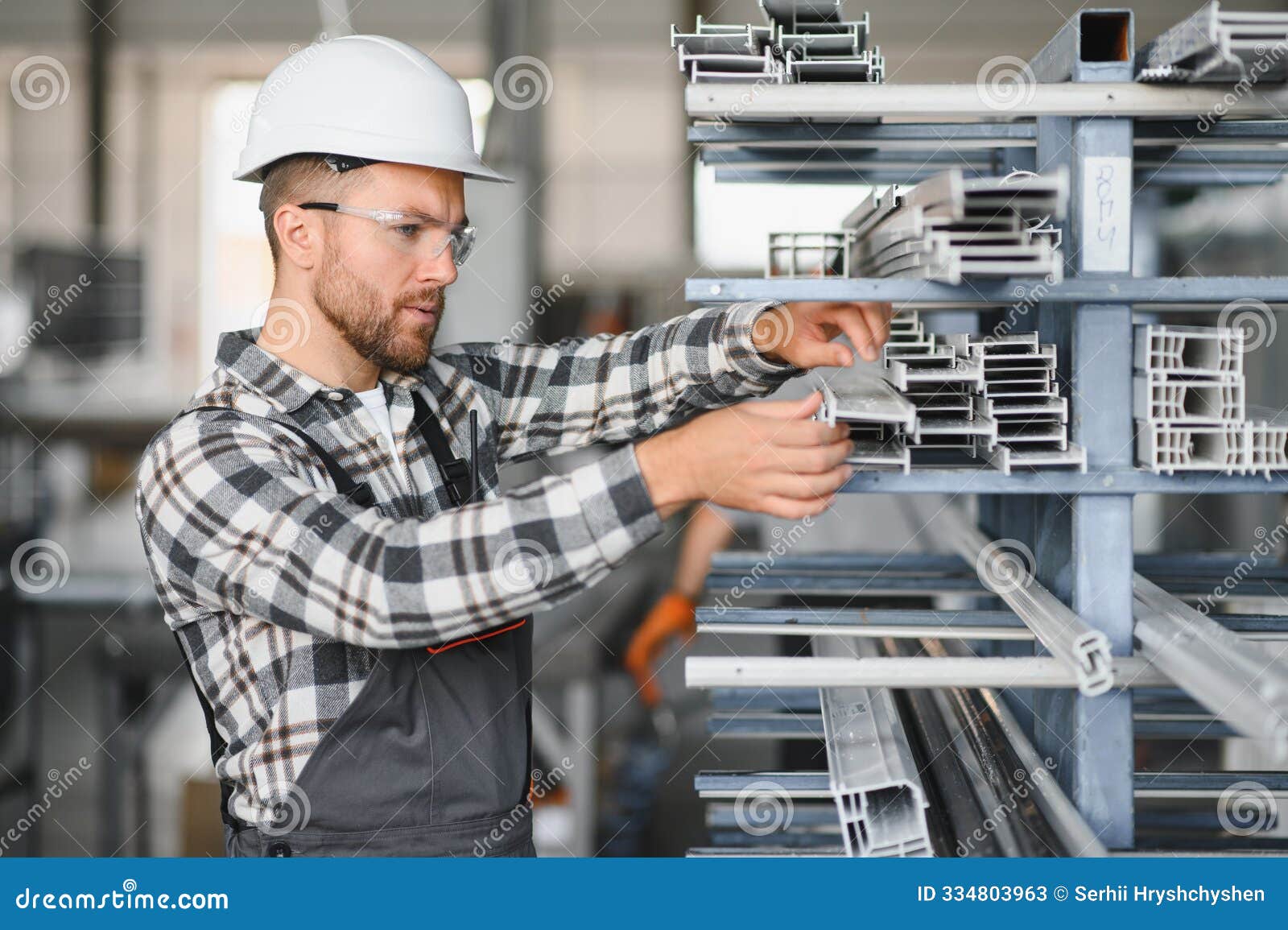 Factory Worker. Man with Helmet Working with Pvc Stock Image - Image of ...
