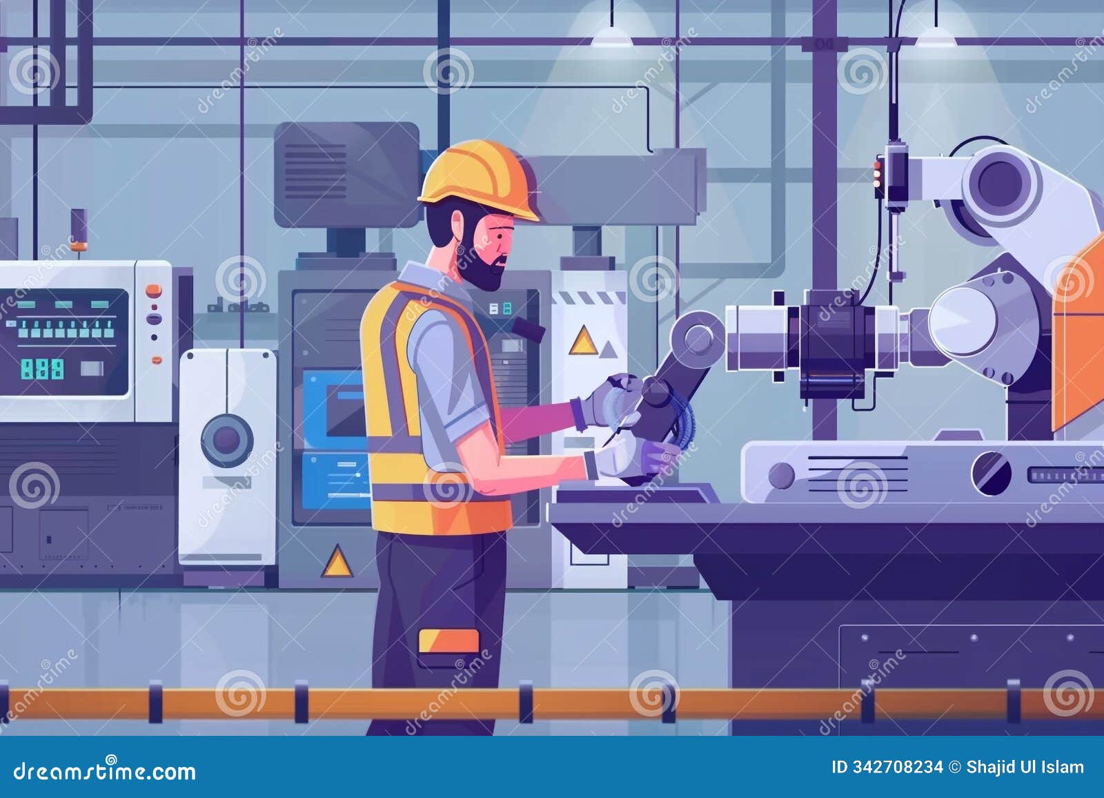 Factory Worker Operates Robotic Arm Stock Illustration - Illustration ...