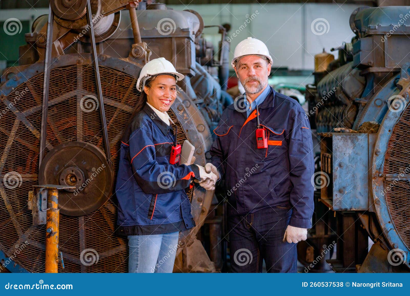 Factory Worker or Technician Stand and Shake Hands with Asian Factory ...