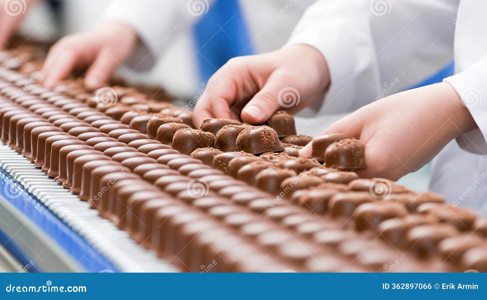 Factory Workers Arranging Chocolates on Conveyor Belt Stock Photo ...