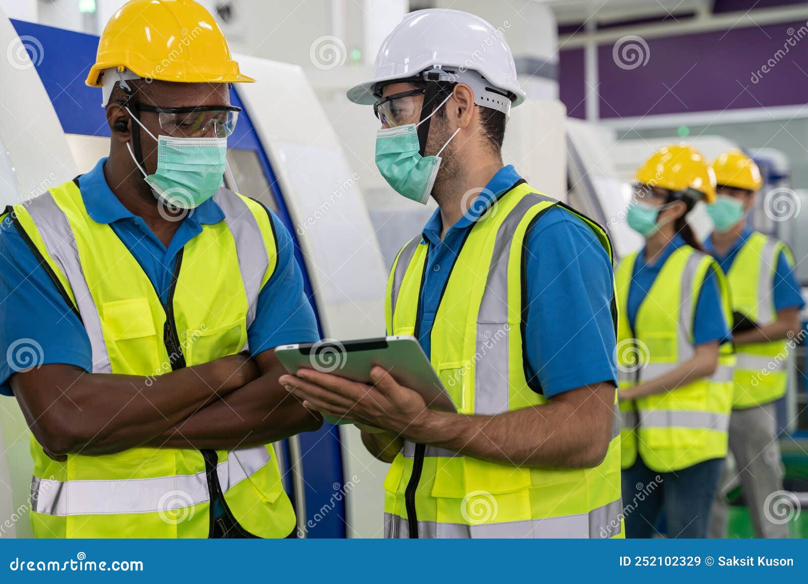 Factory Workers Meeting before Work and Put on a Mask. Stock Image ...