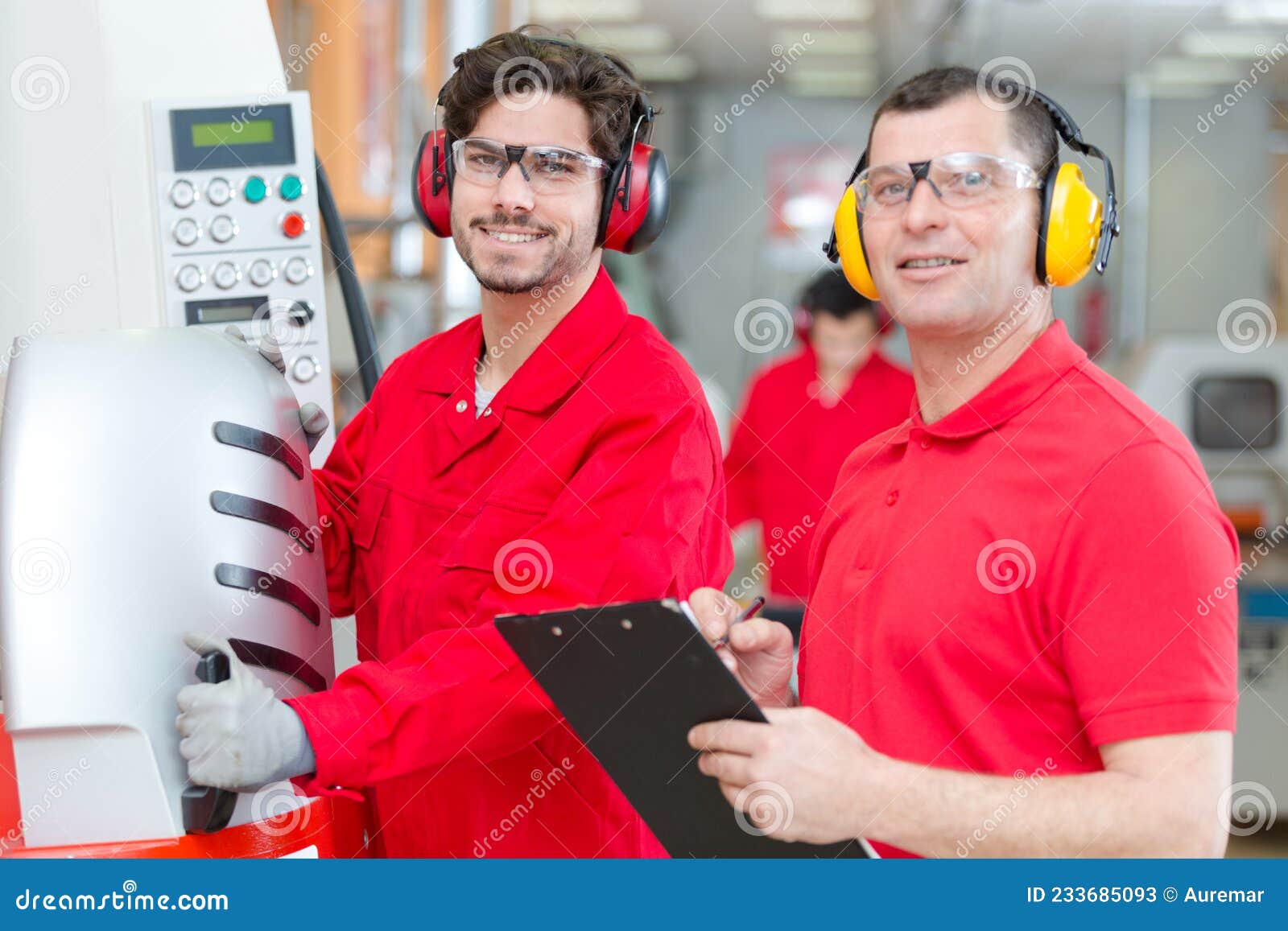 Factory Workers Smiling Looking at Camera in Industrial Workshop Stock ...