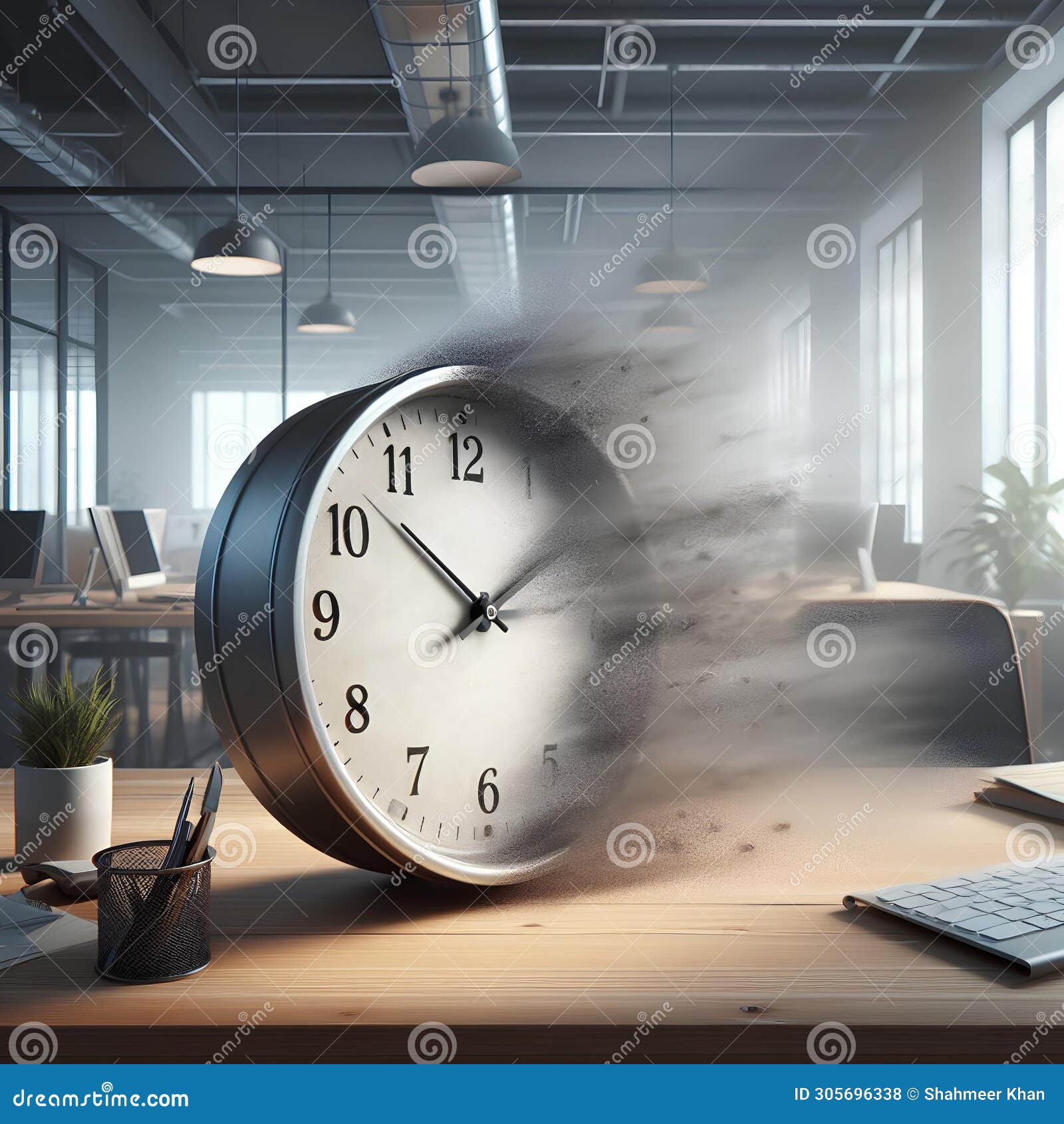 Fading Clock on Desk: Time Dissolving into Dust -Modern Office ...