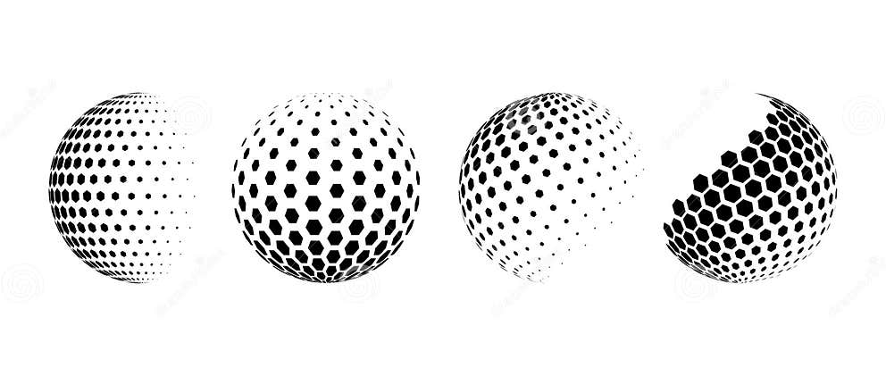 Fading Halftone Pattern Sphere Set. Hexagon Wireframe 3d Circle ...