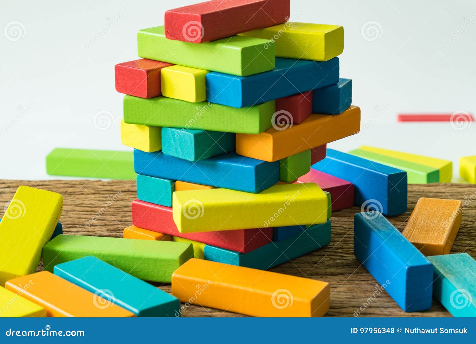 Fail and Collapse Colorful Wooden Block Tower in As Risk or Stab Stock ...