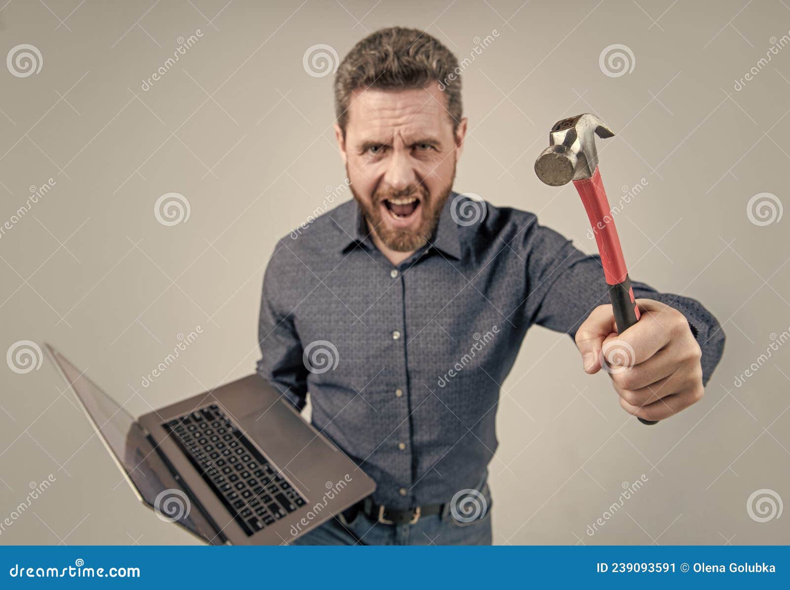 Failed To Complete a Task. Angry Man Shout Holding Hammer and Laptop ...