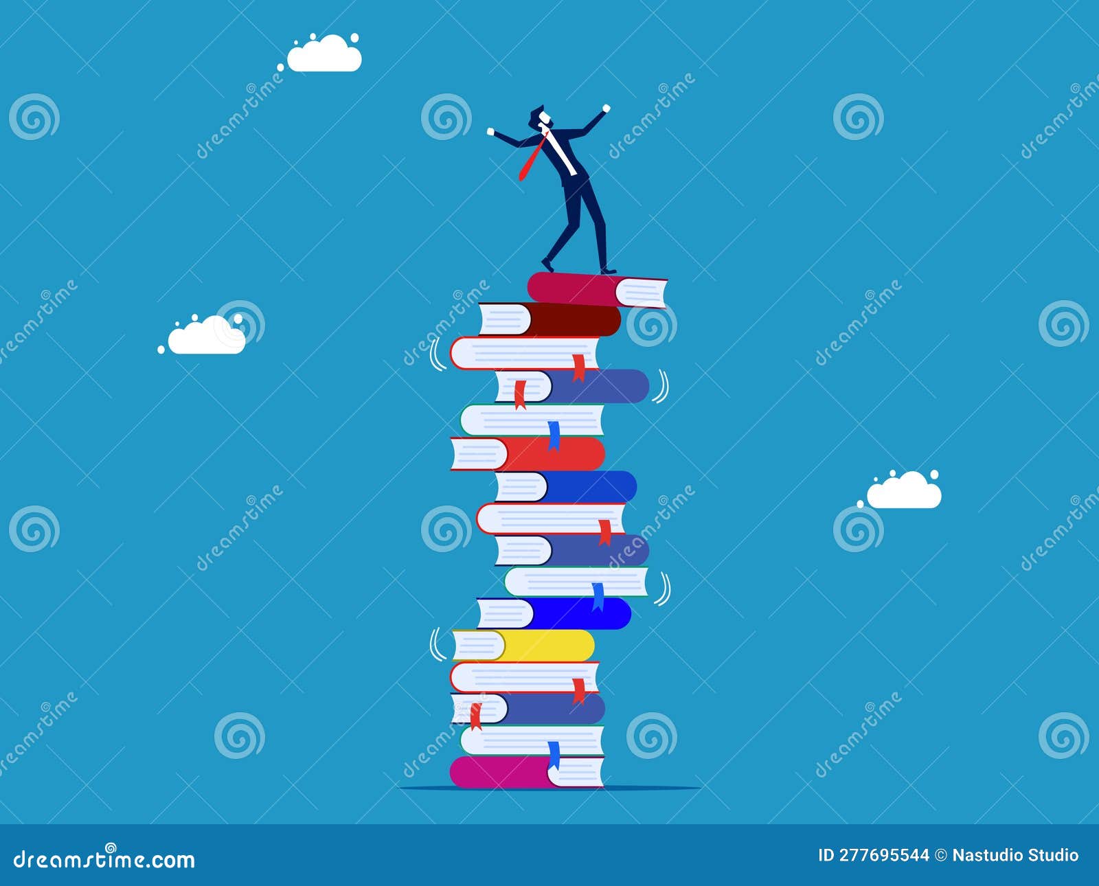 Failure To Learn. Businessman Stands Lost on a High Stack of Collapsing ...