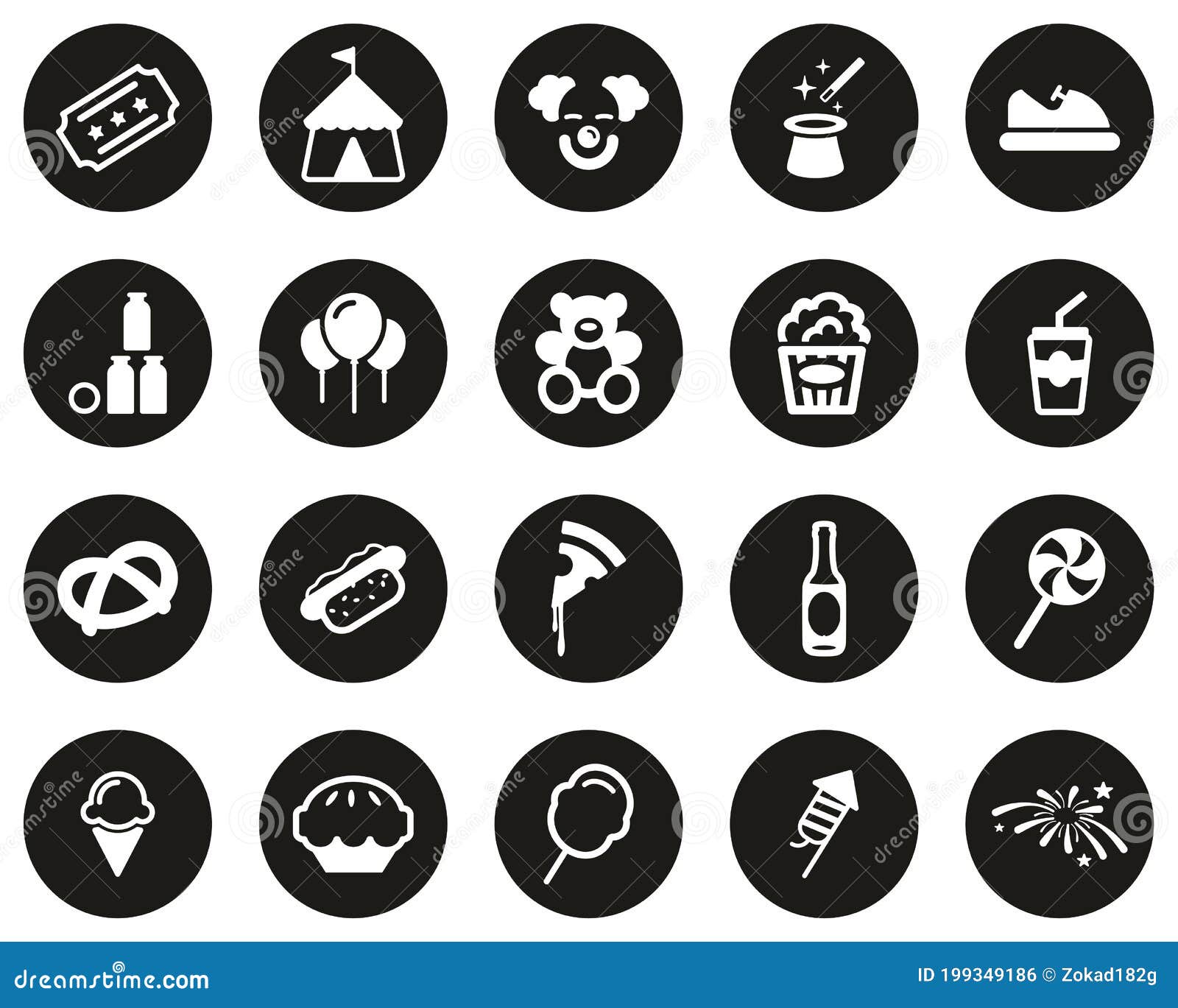 Fair or Carnival Icons White on Black Flat Design Circle Set Big Stock ...