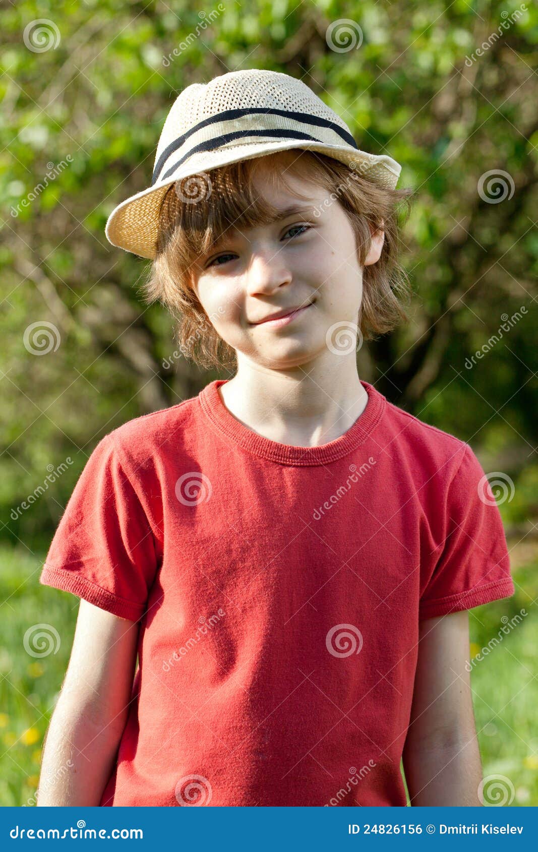 The Fair-haired Boy in Red Shirt and Hat Stock Photo - Image of gamine ...