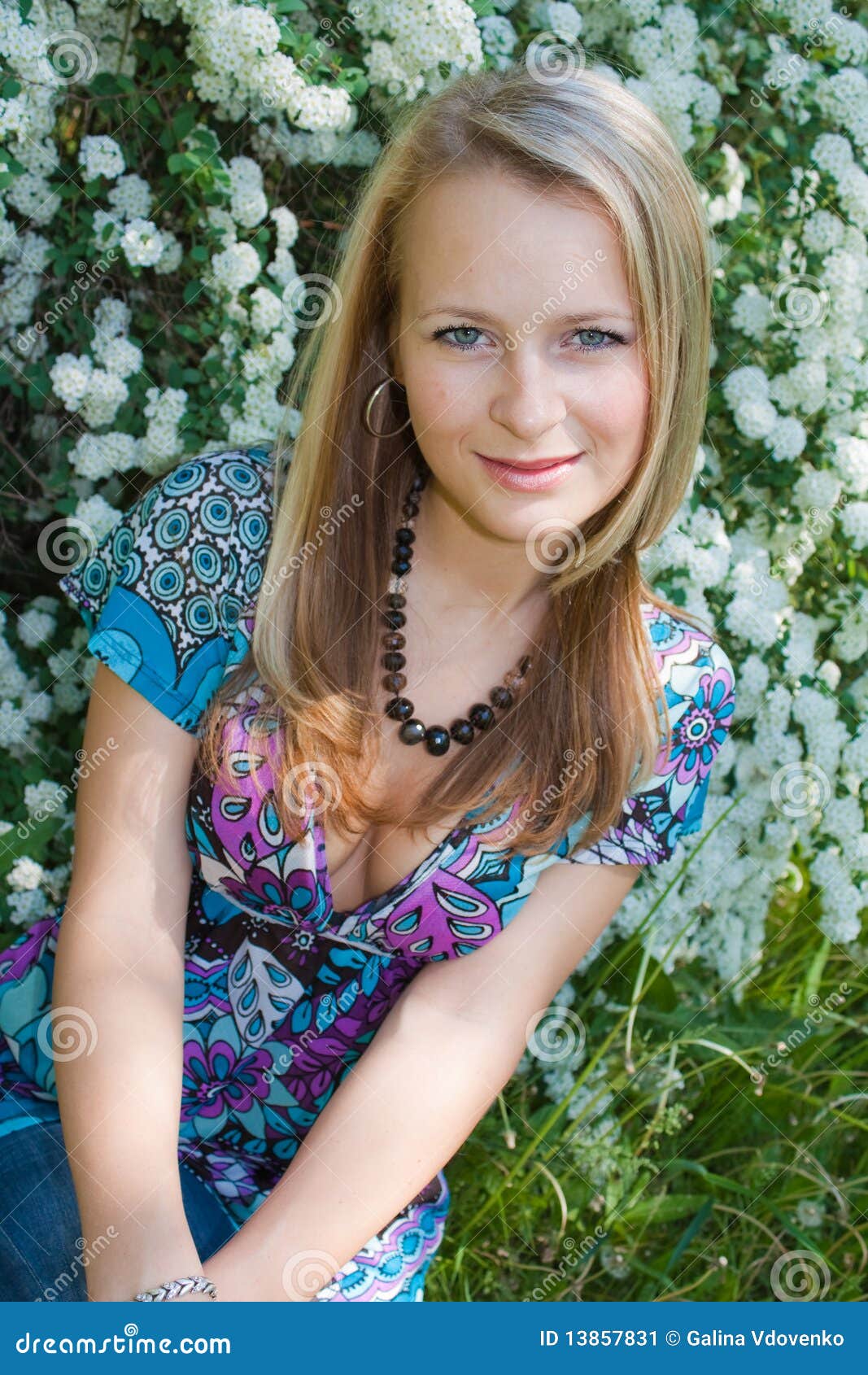 The Fair-haired Girl Sits in a Garden Stock Image - Image of buds ...