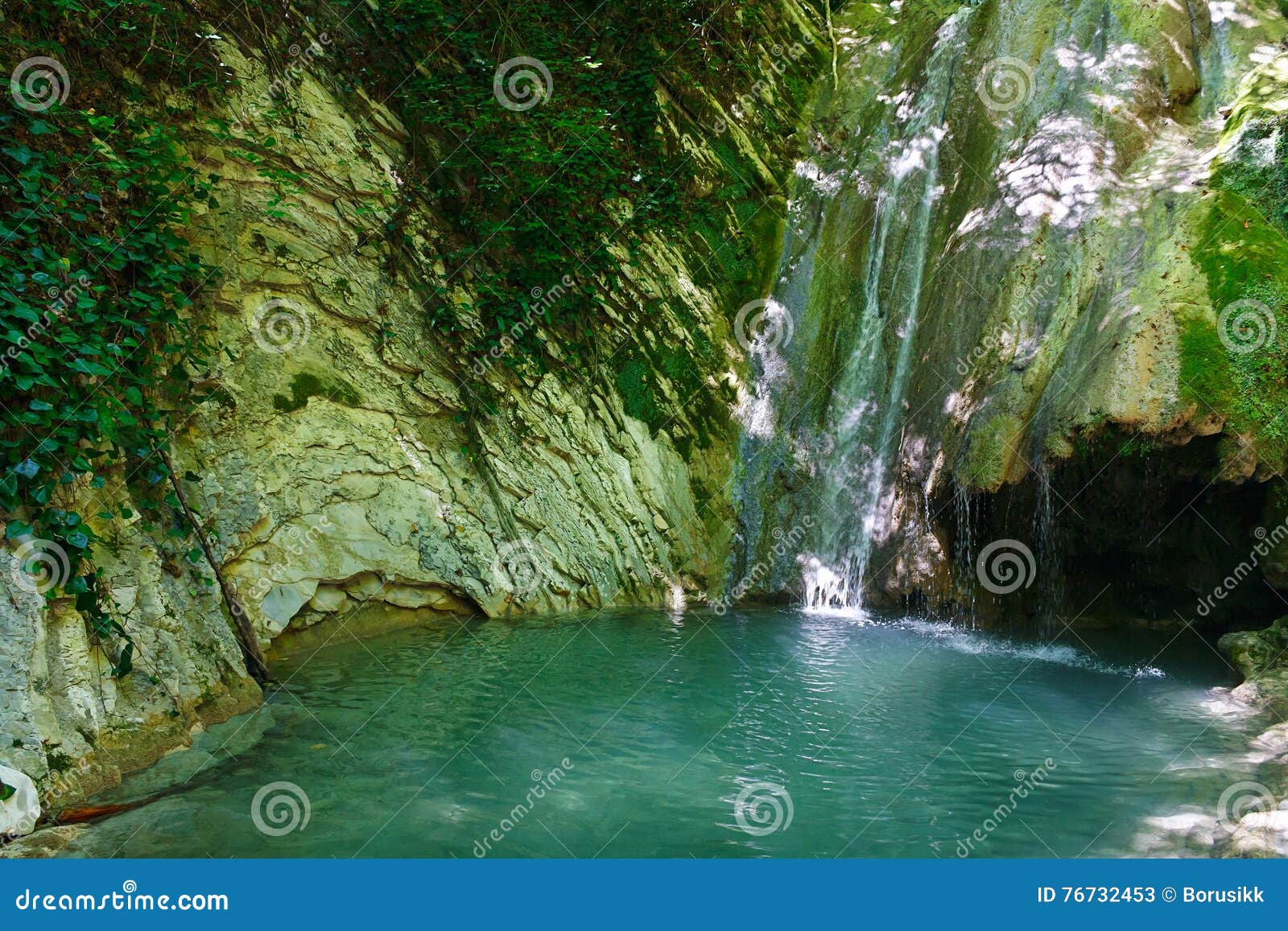 Fair Refreshing Waterfall among the Rocks in Mountain Forest Stock ...