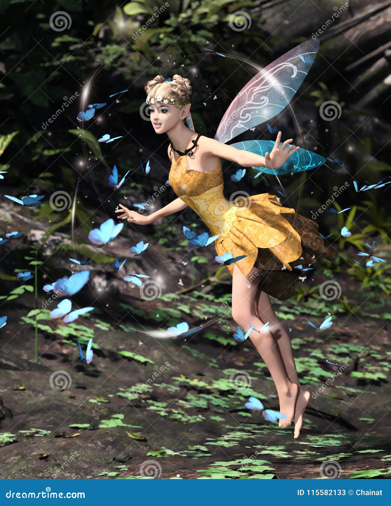 A Fairy Flying in a Magical Forest Stock Illustration - Illustration of ...
