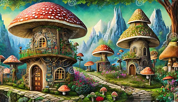 Fairy Forest with a House in the Form of Toadstools Stock Illustration ...