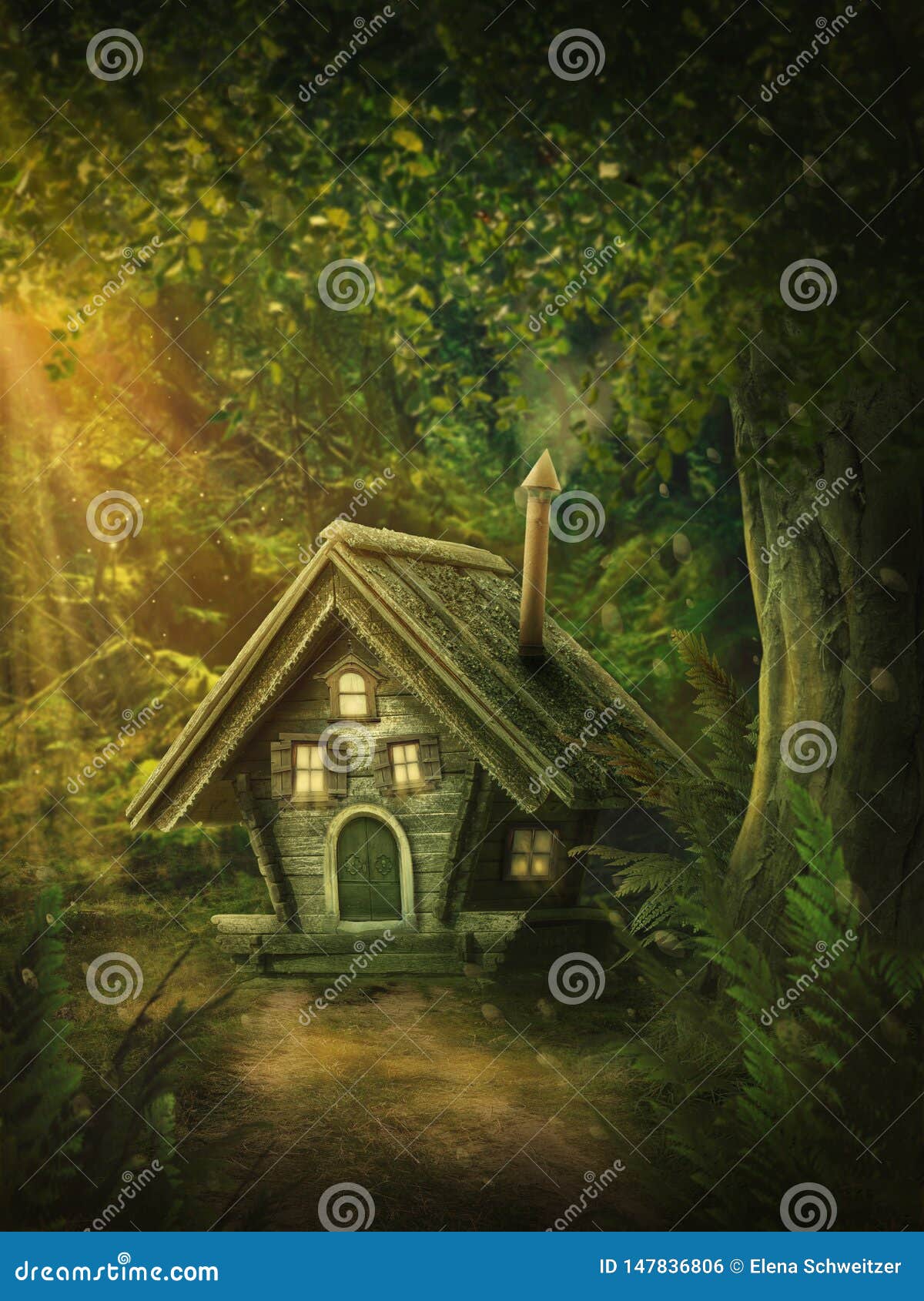 Fairy forest with a house stock photo. Image of yellow - 147836806
