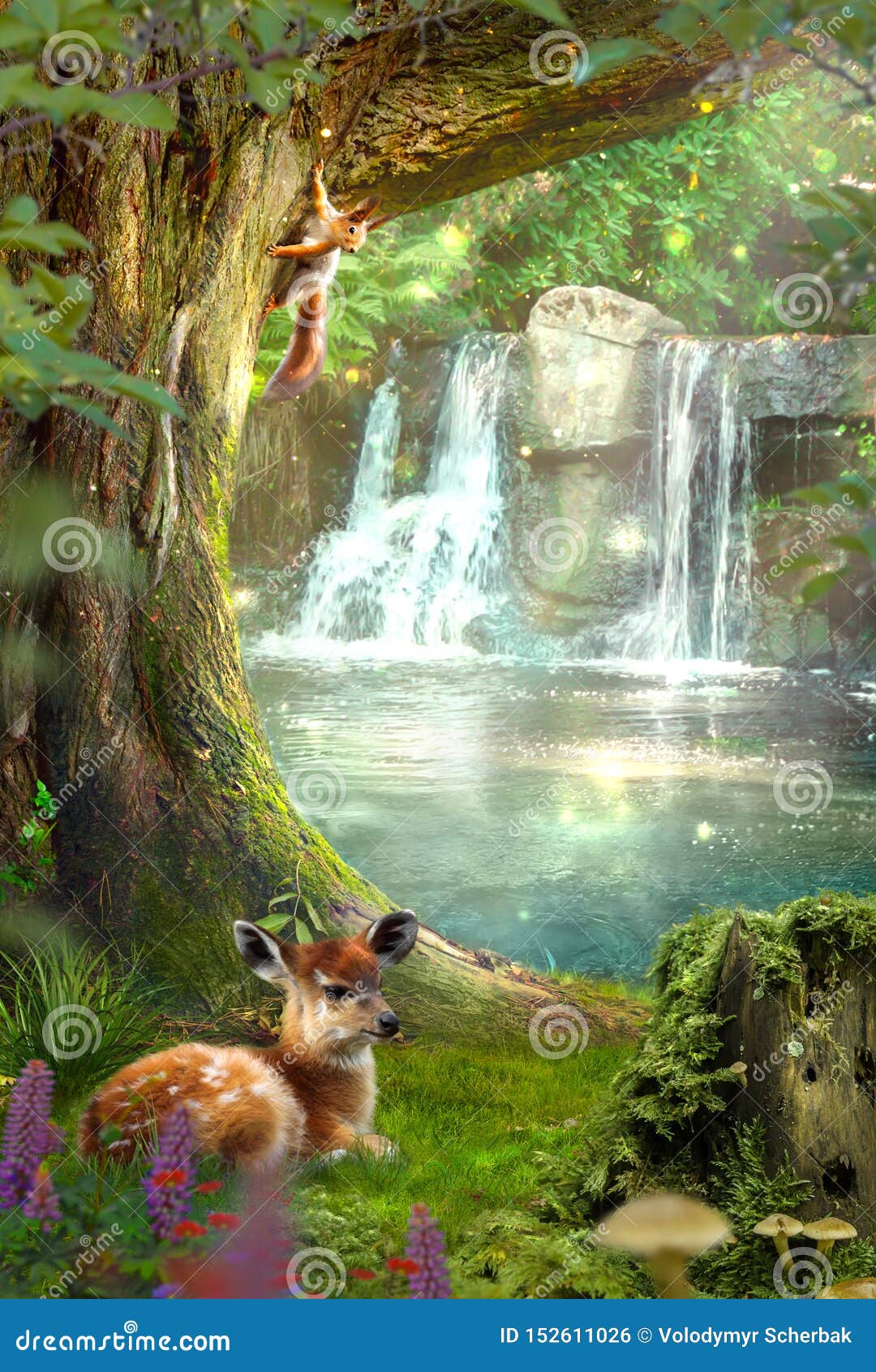 Fairy Forest with a Waterfall. Deer Lying on the Grass Stock Photo ...