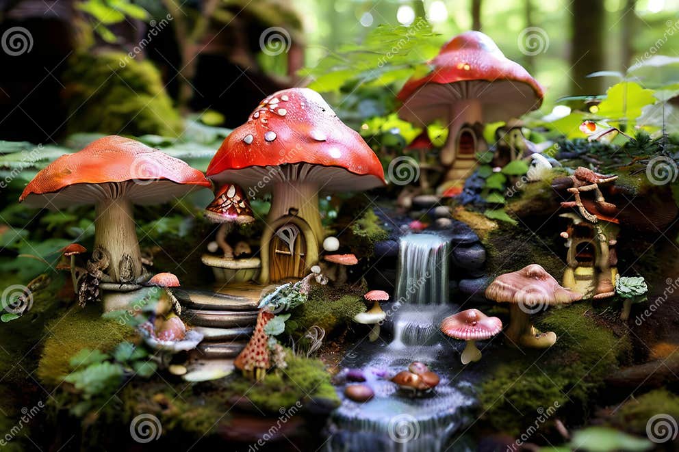 Fairy Garden Oversized Toadstools Sparkling Waterfalls and Hidde Stock ...