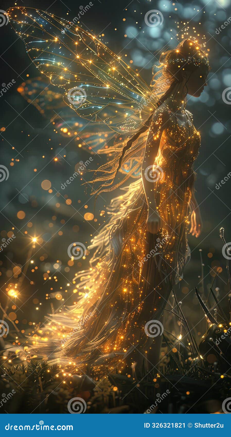 Fairy with Iridescent Wings and Pixie Dust Propulsion Flitting through a Bioluminescent Tech ...