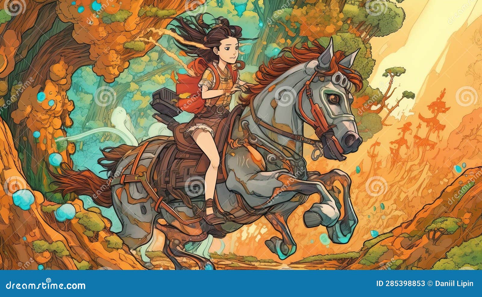 Fairy Riding Dragon Resting In Floral Forest Vector Illustration ...