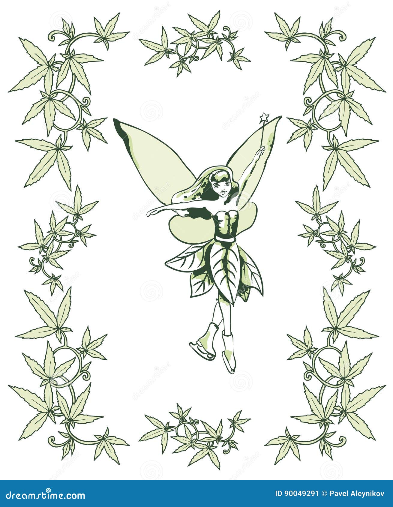 Fairy on Skates. Leafs Skirt. Cannabis Marijuana Leafs Around. Vector ...