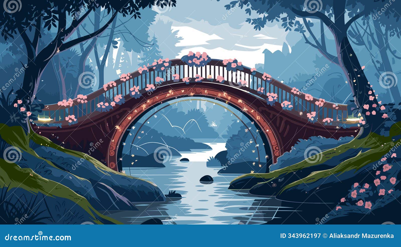 Fairy Tale Bridge with Twinkling Lights and Flowers Spanning River in ...
