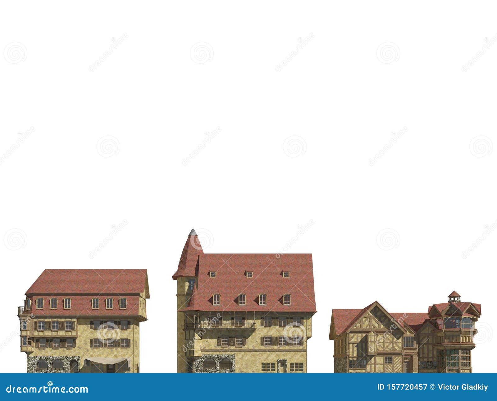 Fairy Tale Buildings Isolated on White Background 3D Illustration Stock ...