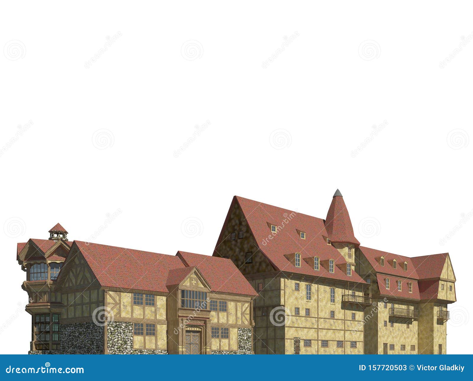 Fairy Tale Buildings Isolated on White Background 3D Illustration Stock ...