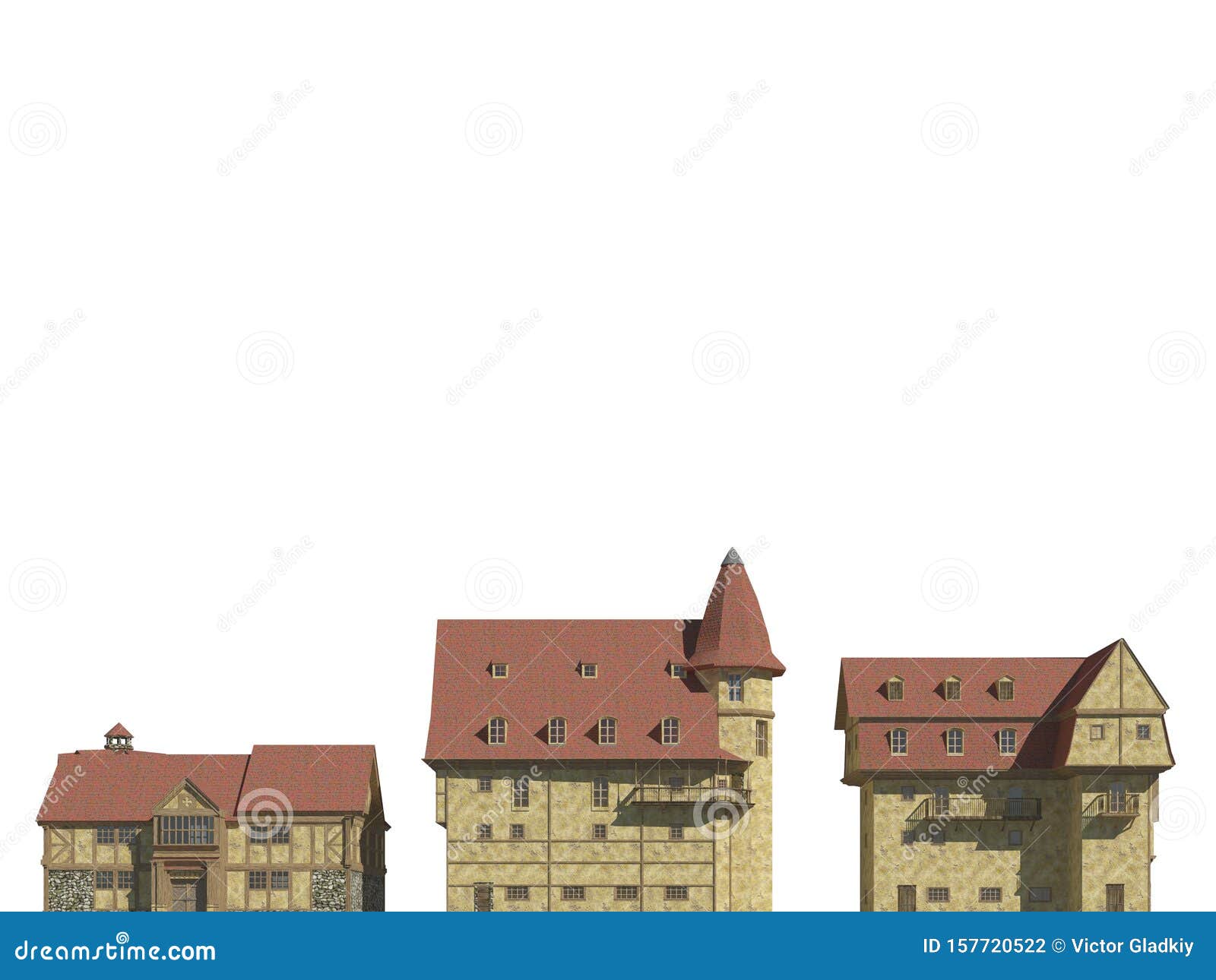 Fairy Tale Buildings Isolated on White Background 3D Illustration Stock ...