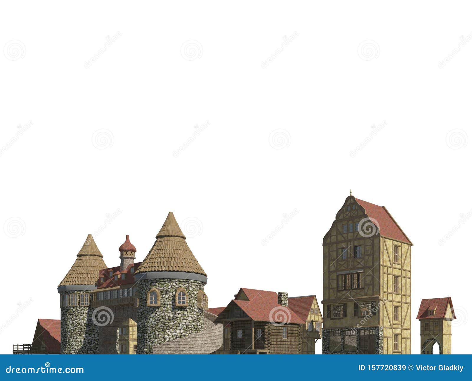 Fairy Tale Buildings Isolated on White Background 3D Illustration Stock ...