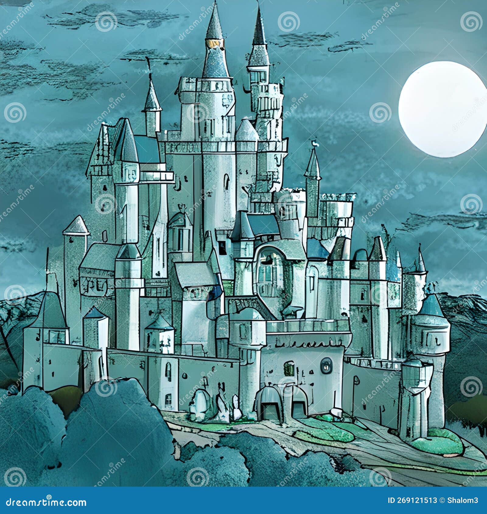 Fairy Tale Castle Crayon Painting in Blue, Ai Generated Art Stock Image ...