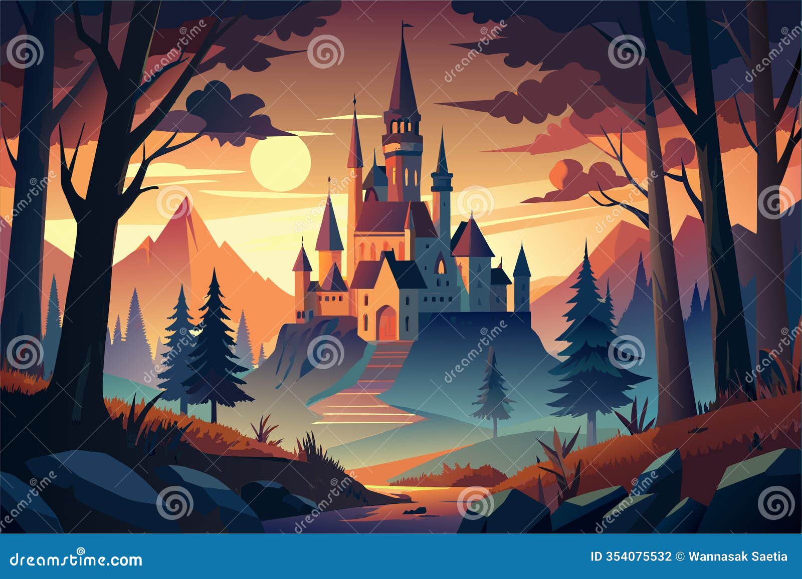 Fairy Tale Castle in the Forest. Stock Illustration - Illustration of ...