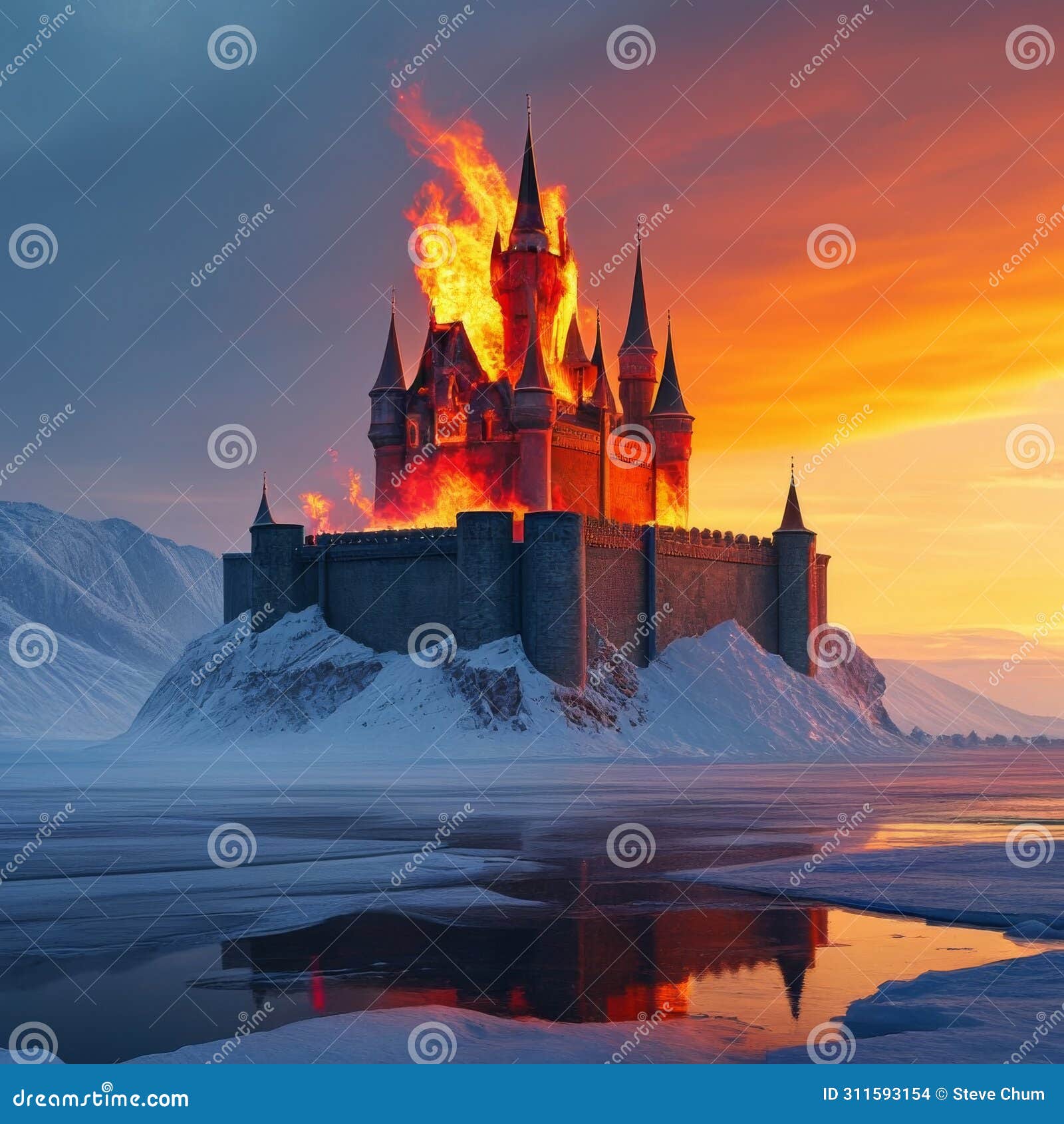 Fairy-tale Castle on the Frozen Lake at Sunset. 3d Render Stock ...
