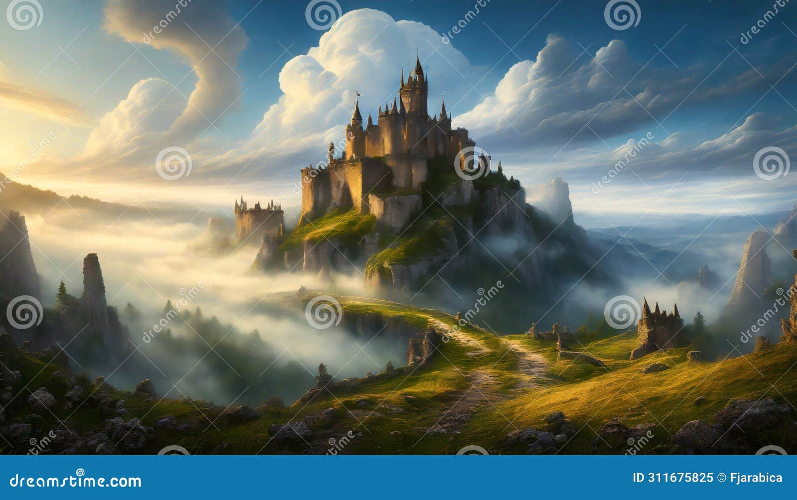 A Fairy Tale Castle on a Hill with a River Stock Illustration ...